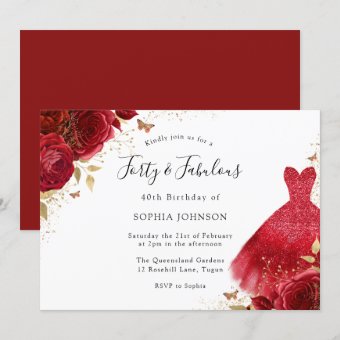 Red Roses Dress 40th Birthday Forty & Fabulous Invitation | Zazzle