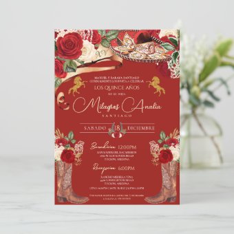 Red Roses Fancy Mariachi Charra Quinceanera Invitation | Zazzle
