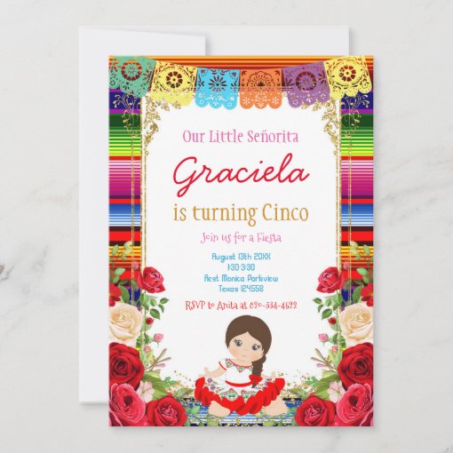 Red Roses Fiesta Birthday Gold Girl Invitation | Zazzle