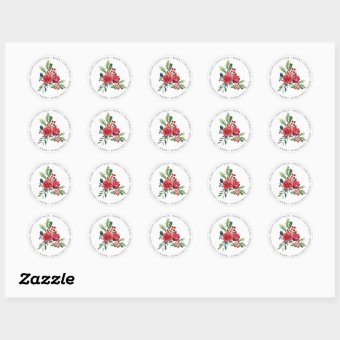 Red Roses Floral Holly Merry Christmas Classic Round Sticker | Zazzle