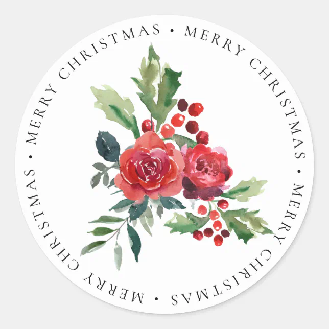 Red Roses Floral Holly Merry Christmas Classic Round Sticker | Zazzle