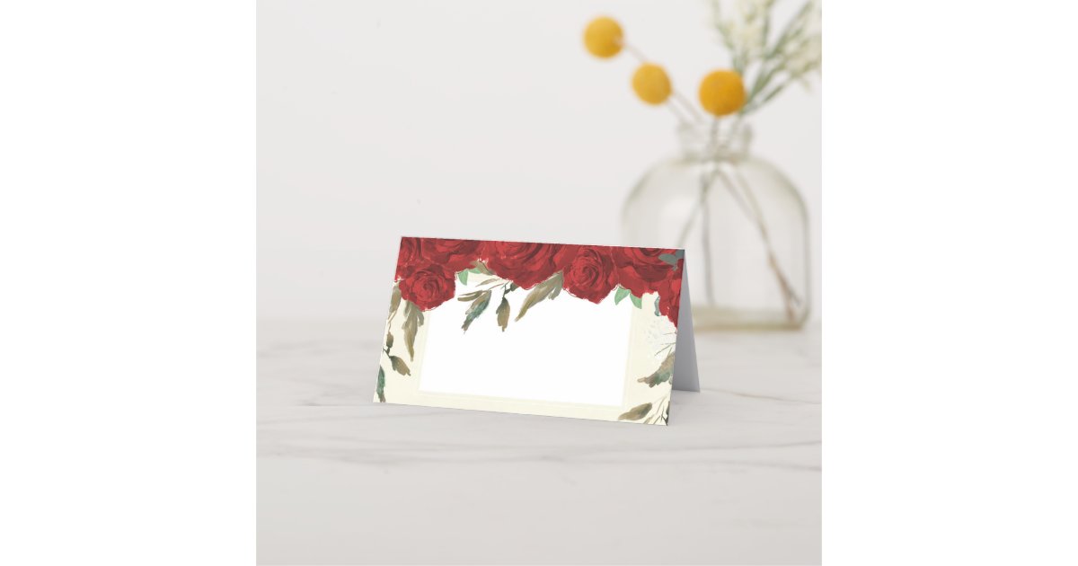 Red roses floral ivory wedding place card | Zazzle