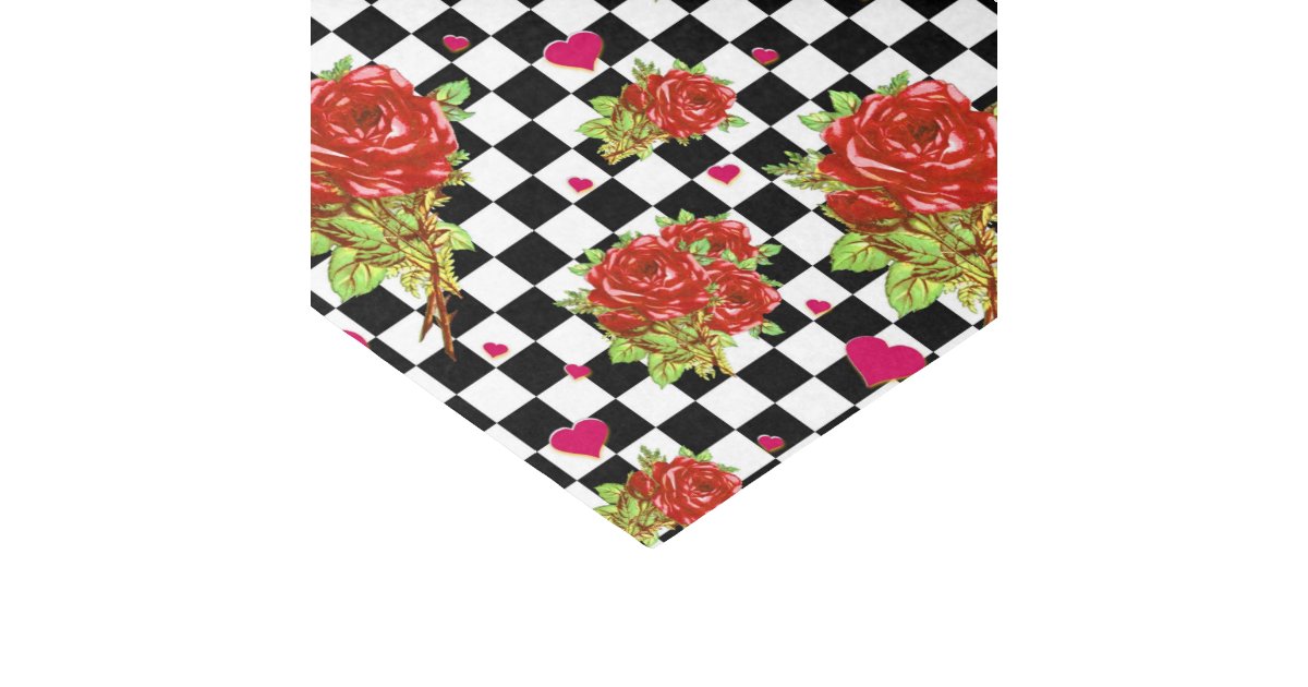 Red Roses floral pattern on black and white Checks Tissue Paper | Zazzle
