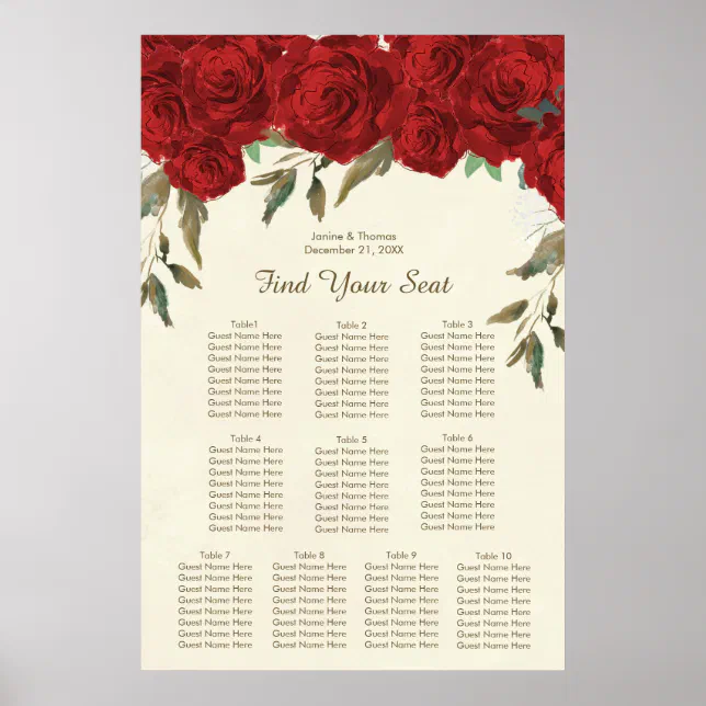 red roses floral wedding seating chart plan | Zazzle