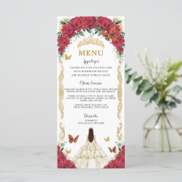 Red Roses Floral White Dress Quinceañera XV Menu | Zazzle