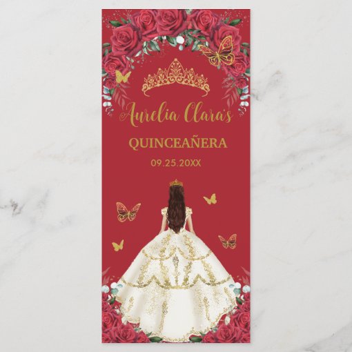 Red Roses Floral White Dress Quinceañera XV Menu | Zazzle