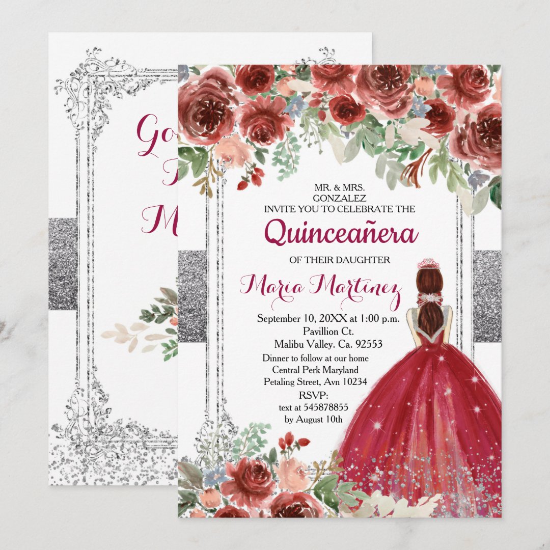 Red Roses Flowers Silver Quinceanera Invitation | Zazzle