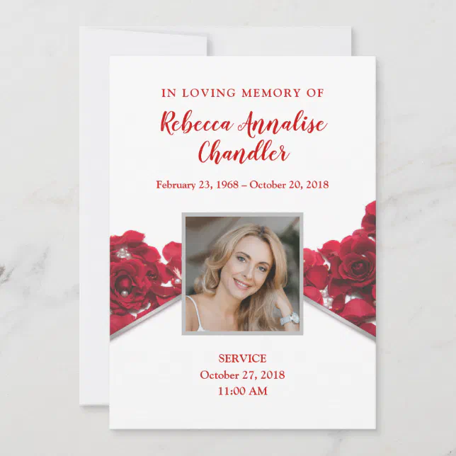 Red Roses Funeral Memorial Card | Zazzle