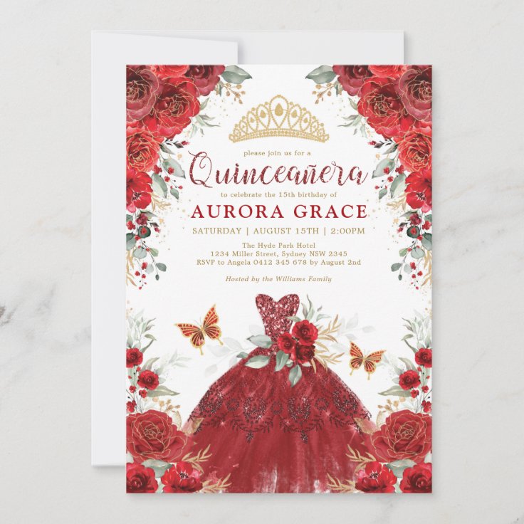 Red Roses Garden Princess Quinceañera Mis Quince Invitation | Zazzle