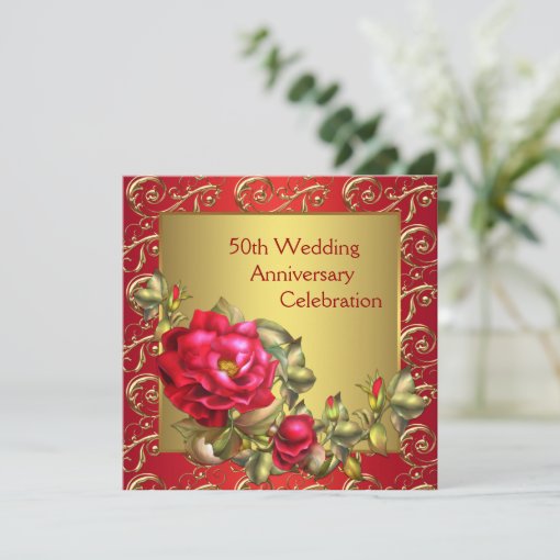 Red Roses Gold 50th Wedding Anniversary Invitation Zazzle