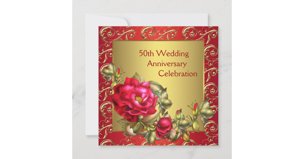 Red Roses Gold 50th Wedding Anniversary Invitation Zazzle