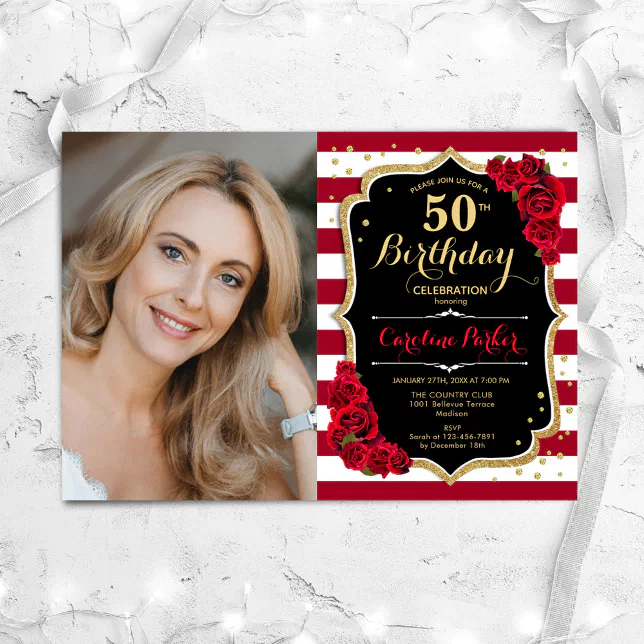 Red Roses Gold Black Photo 50th Birthday Invitation | Zazzle