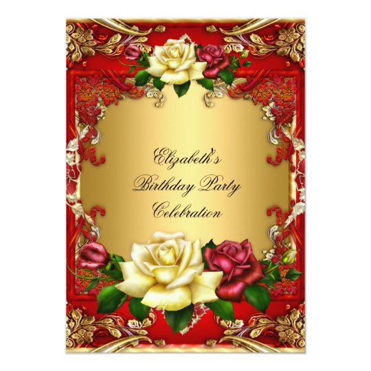 Red Roses Gold Elegant Birthday Party 3 Invitation | Zazzle.com