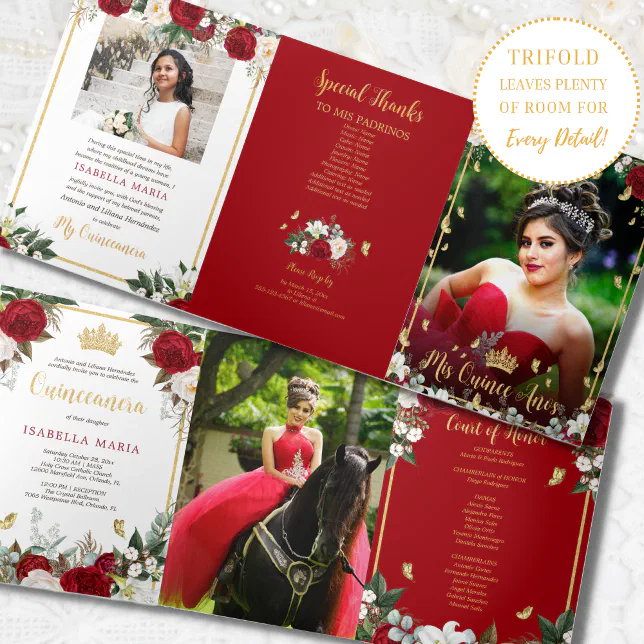 Red Roses Gold Foil Butterflies Quinceañera Tri-Fold Invitation | Zazzle
