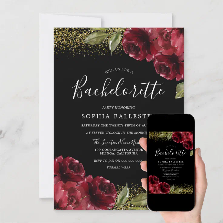 Red Roses Gold Glitter Bachelorette Party Invitation | Zazzle