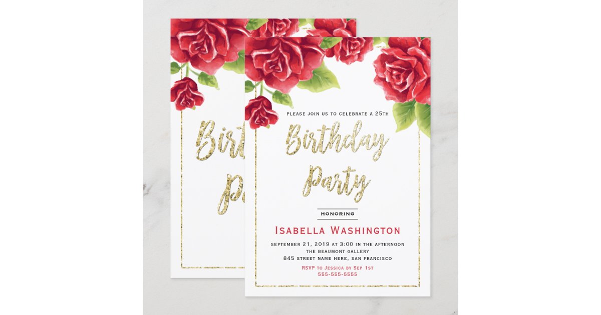 Red Roses & Gold Glitter Birthday Party Invitation | Zazzle