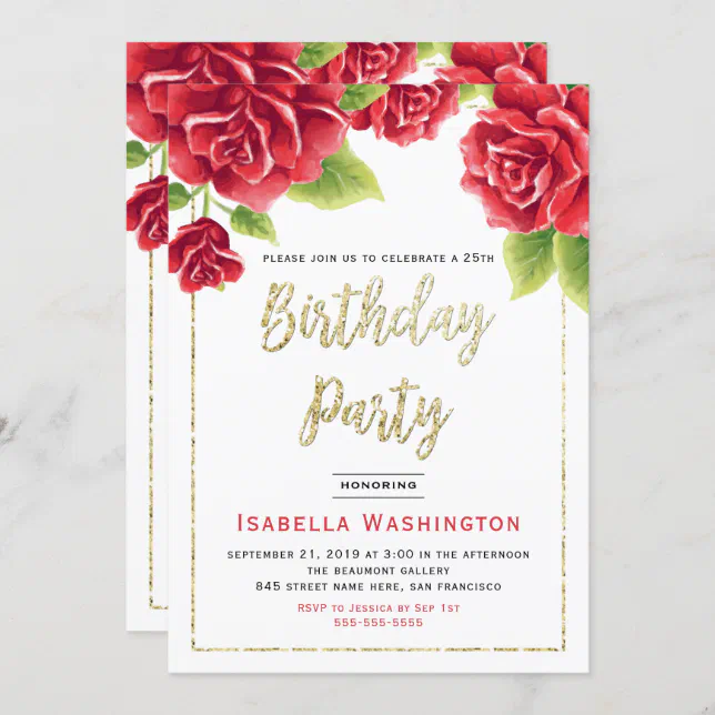 Red Roses & Gold Glitter Birthday Party Invitation | Zazzle