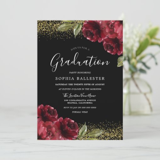 Red Roses Gold Glitter Graduation Party Invitation | Zazzle