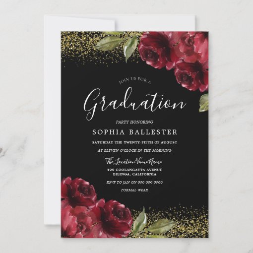 Red Roses Gold Glitter Graduation Party Invitation | Zazzle