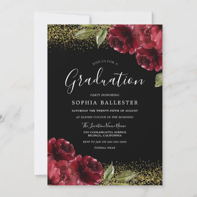 Red Roses Gold Glitter Graduation Party Invitation | Zazzle