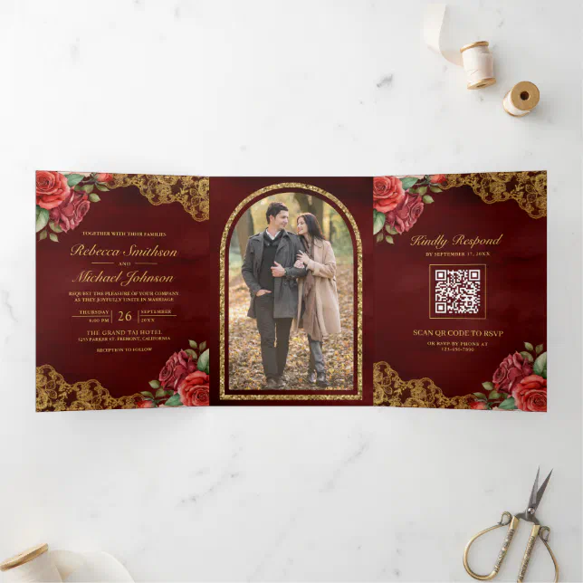 Red Roses Gold Lace Maroon QR Code Photo Wedding Tri-Fold Invitation ...