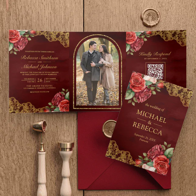 Red Roses Gold Lace Maroon QR Code Photo Wedding Tri-Fold Invitation ...
