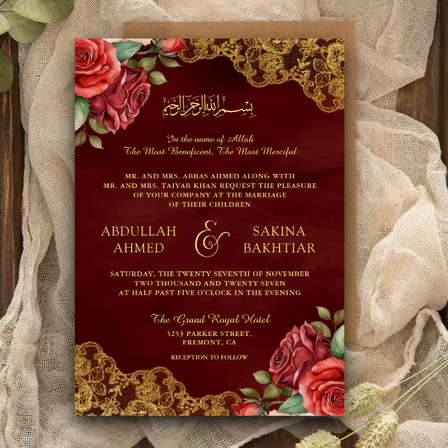 Red Roses Gold Lace QR Code Maroon Muslim Wedding Invitation | Zazzle