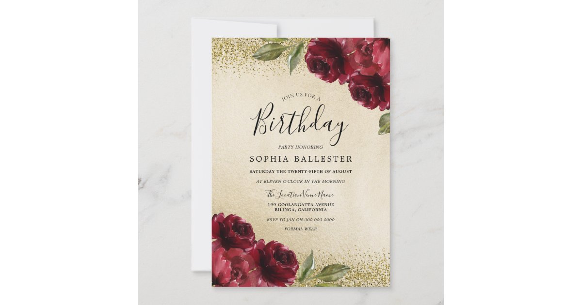 Red Roses Golden Glitter Birthday Party Invitation | Zazzle