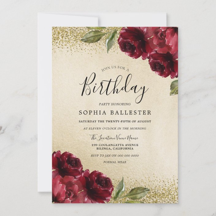 Red Roses Golden Glitter Birthday Party Invitation | Zazzle.com