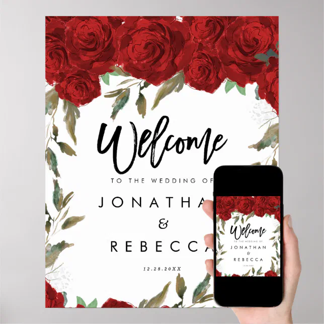 red roses greenery wedding welcome sign poster | Zazzle