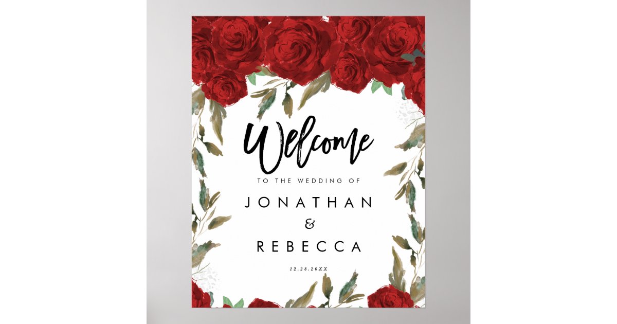 red roses greenery wedding welcome sign poster | Zazzle