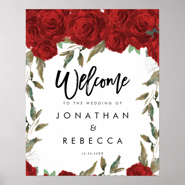 red roses greenery wedding welcome sign poster | Zazzle