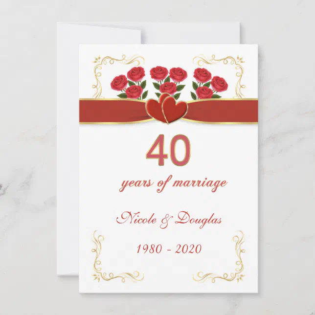 Red roses, hearts 40th Wedding Anniversary Invitation | Zazzle