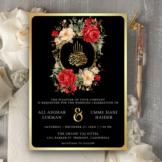 Red Roses Ivory Flowers Black Gold Muslim Wedding Invitation | Zazzle
