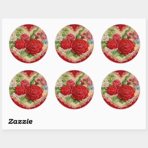 Red Roses & Lace Vintage Valentine Stickers | Zazzle