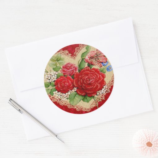 Red Roses & Lace Vintage Valentine Stickers | Zazzle