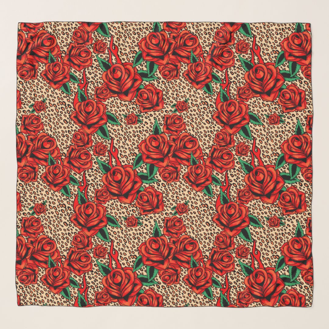 red roses leopard print chiffon scarf | Zazzle