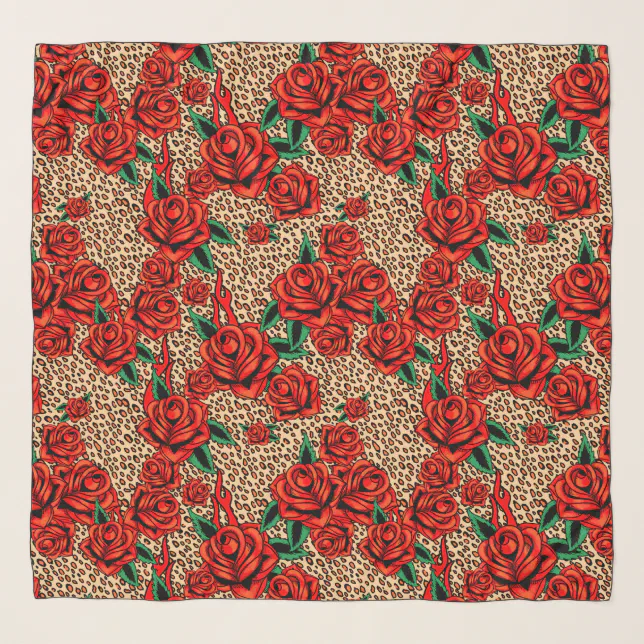 red roses leopard print chiffon scarf | Zazzle