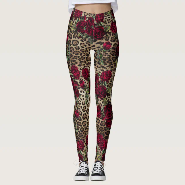 Red Roses Leopard print Leggings | Zazzle
