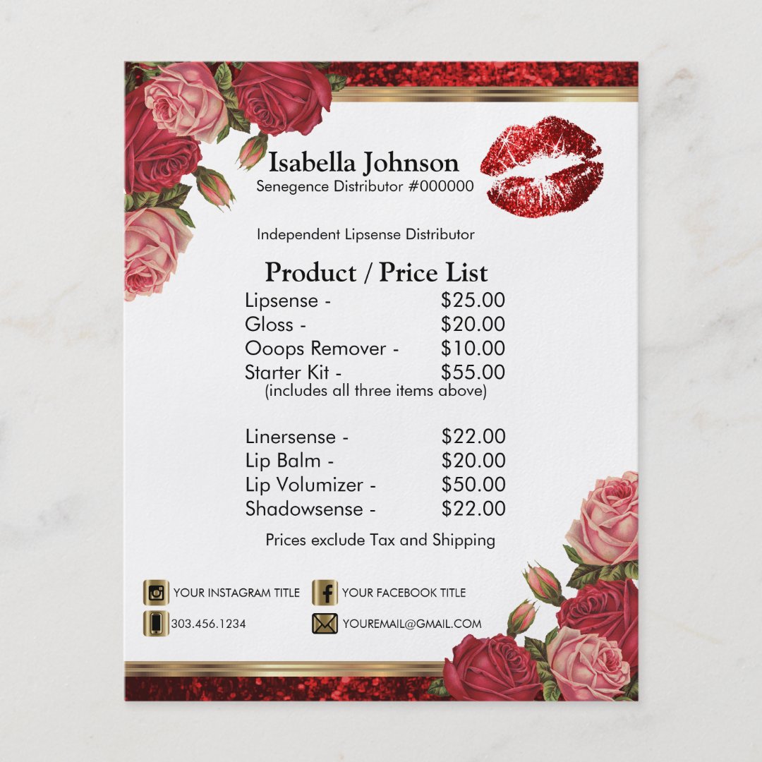 Red Roses Lip Glitter Product / Price List Flyer | Zazzle