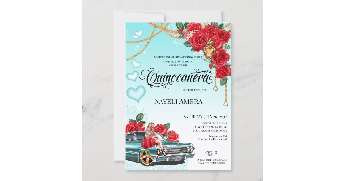 Red Roses Lowrider Chola Sacred Heart Quinceanera Invitation | Zazzle