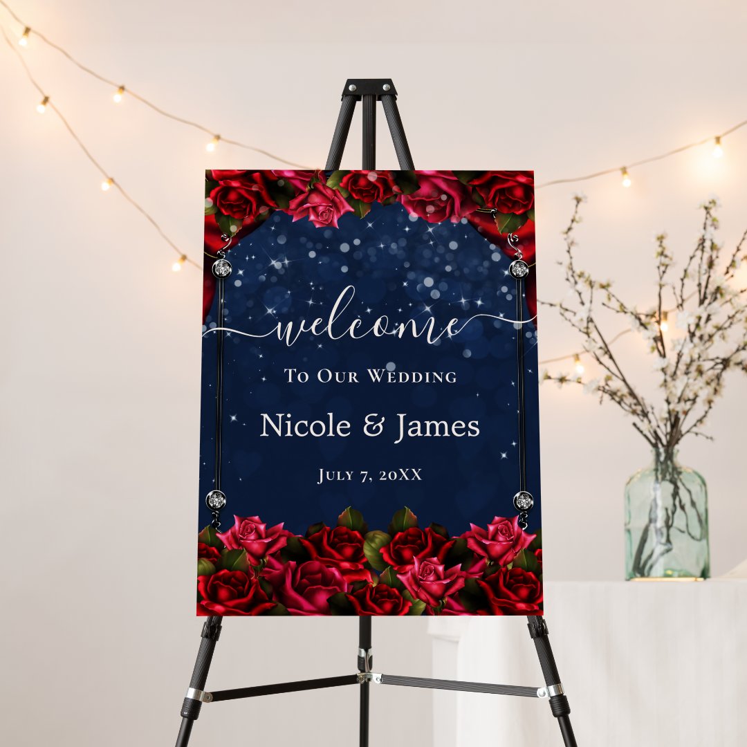 Red Roses Navy Blue Sparkle Wedding Welcome Sign | Zazzle
