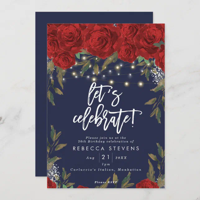 red roses navy let's celebrate birthday invitation | Zazzle