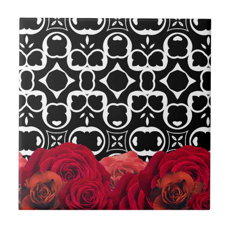 Red Roses On Black And White Geometric Pattern Ceramic Tile | Zazzle