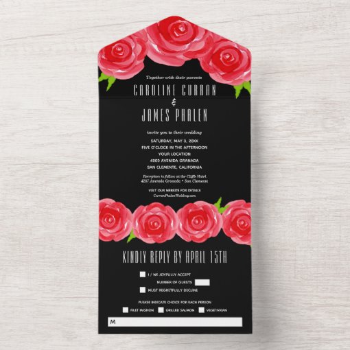 Red Roses on Black Wedding All In One Invitation | Zazzle