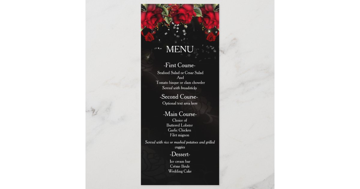 Red Roses on black Wedding Menu Card | Zazzle