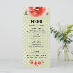 Red Roses on Lime & White Dots Menu Cards | Zazzle