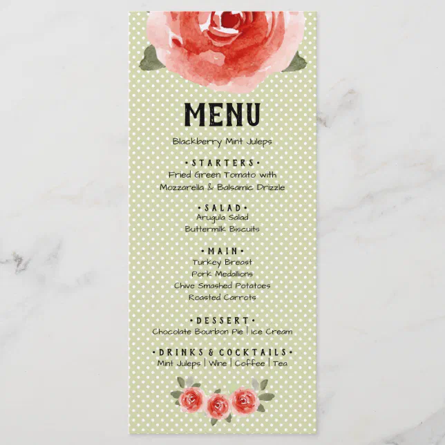 Red Roses on Lime & White Dots Menu Cards | Zazzle