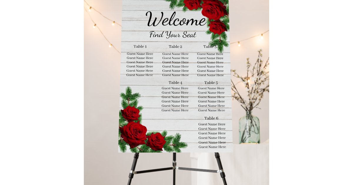 Red Roses & Pine Branch Christmas Seating Chart Foam Board | Zazzle