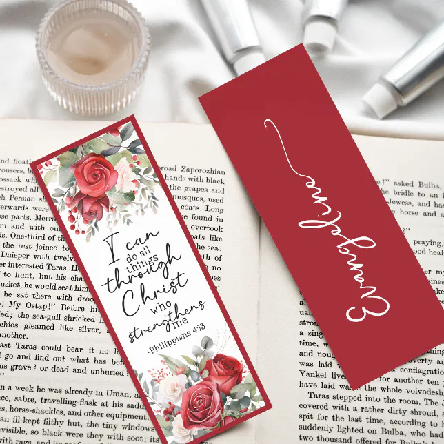 Red Roses Religious Bible Verse Custom Name Bookmarks | Zazzle